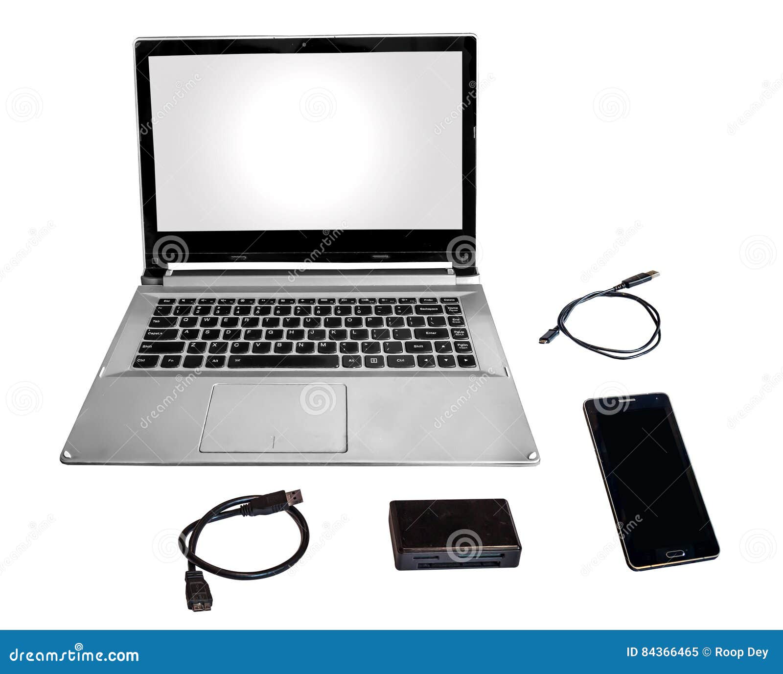 Laptop PC Smart Phone Card Reader and Data Cables Chord Isolated in ...