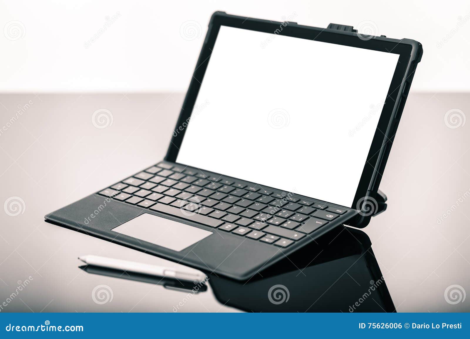 Laptop with Pen on Black Surface Stock Photo - Image of electronic ...