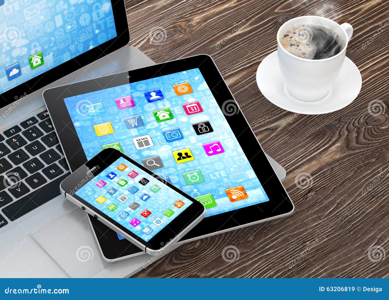 Laptop, Phone, Tablet Pc and Coffee Stock Image - Image of computing ...