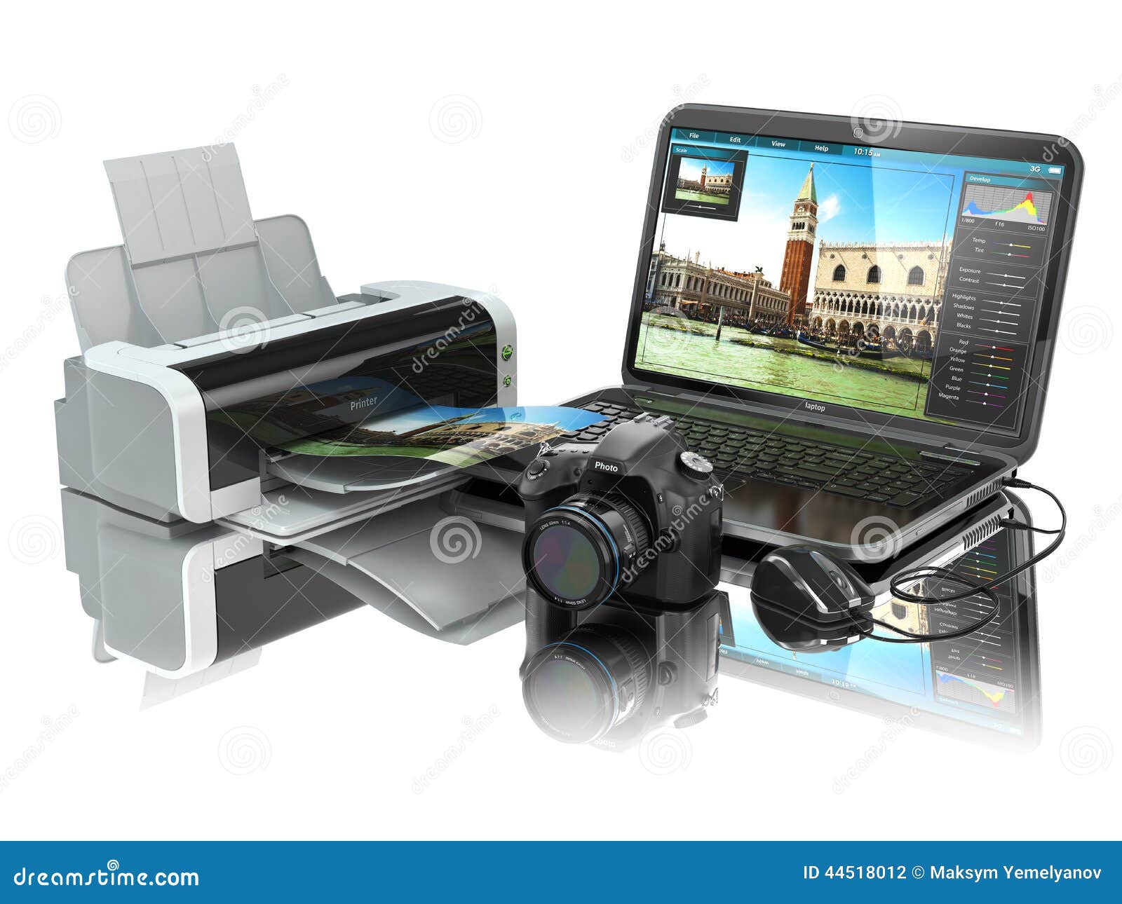 Laptop, Photo Camera and Printer. Preparing Images for Print Stock ...