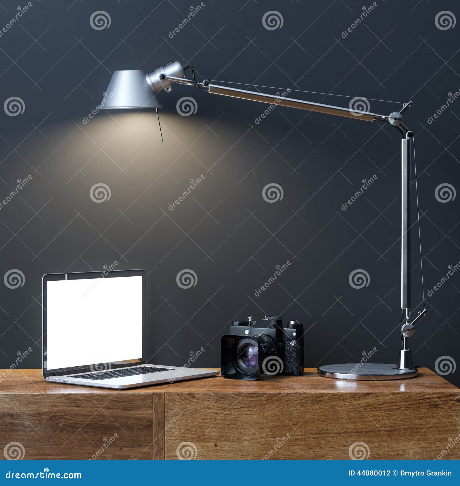 Laptop with Photo Camera Under the Lamp in Interior Room Stock Photo ...