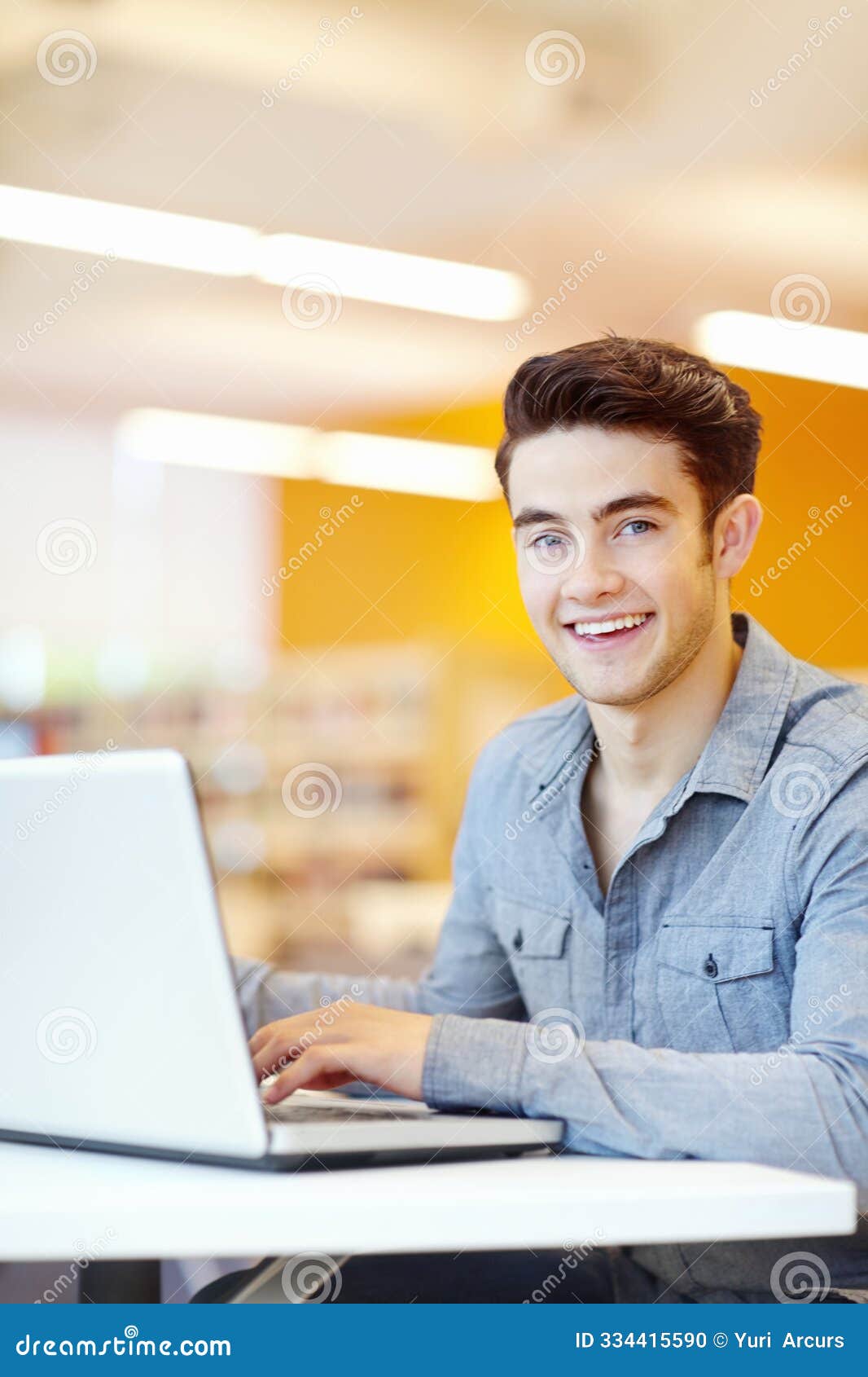 Laptop, Portrait and Typing with Student Man in Library on Campus of ...