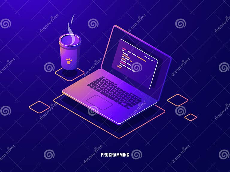 Laptop with Program Code Isometric Icon, Software Development and Programming Applications Dark ...