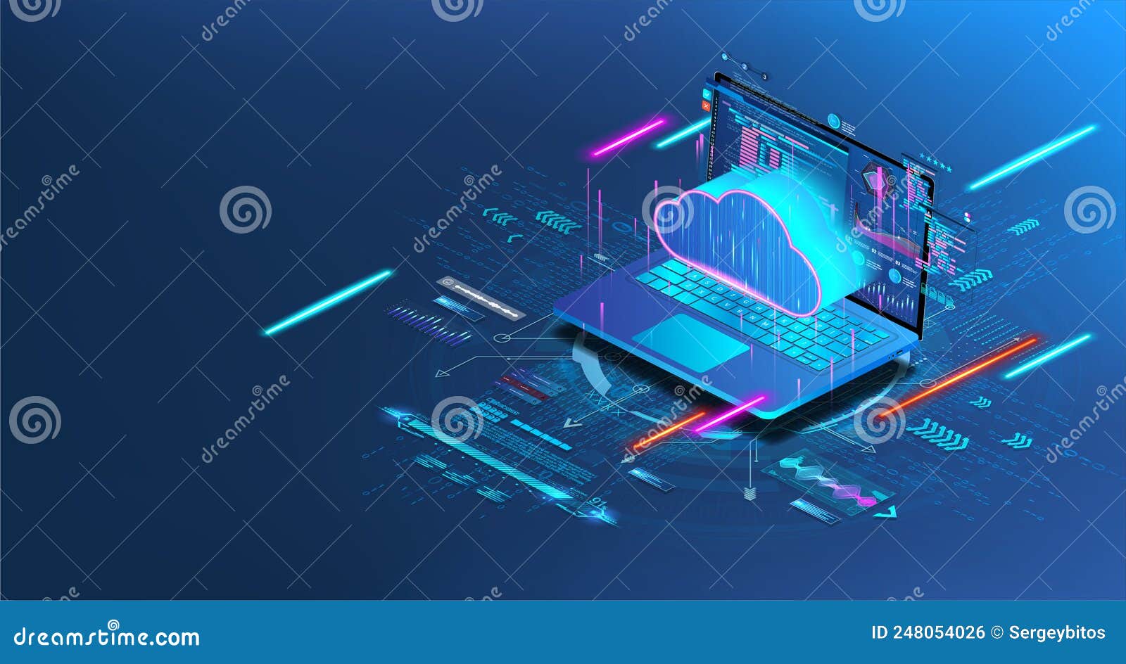 Laptop with Programming Code and Cloud Storage in Isometric. Futuristic Banner Stock Vector ...