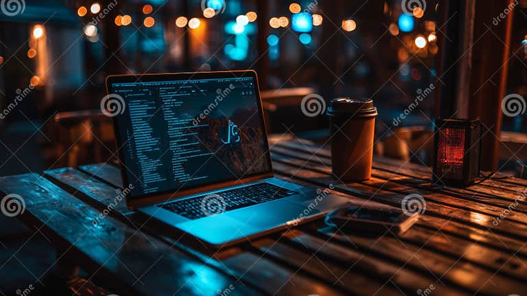 Laptop with Programming Code on Screen in Night Cafe Setting Stock Image - Image of working ...