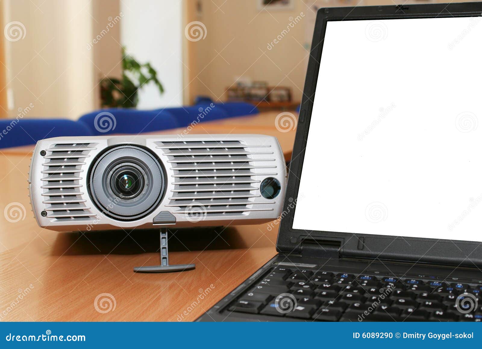 Laptop with the Projector on Office Table Stock Photo - Image of ...