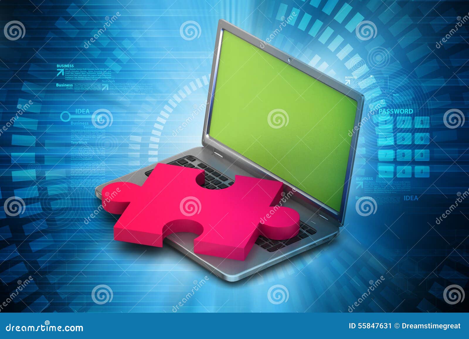 Laptop with puzzle stock illustration. Illustration of concept - 55847631