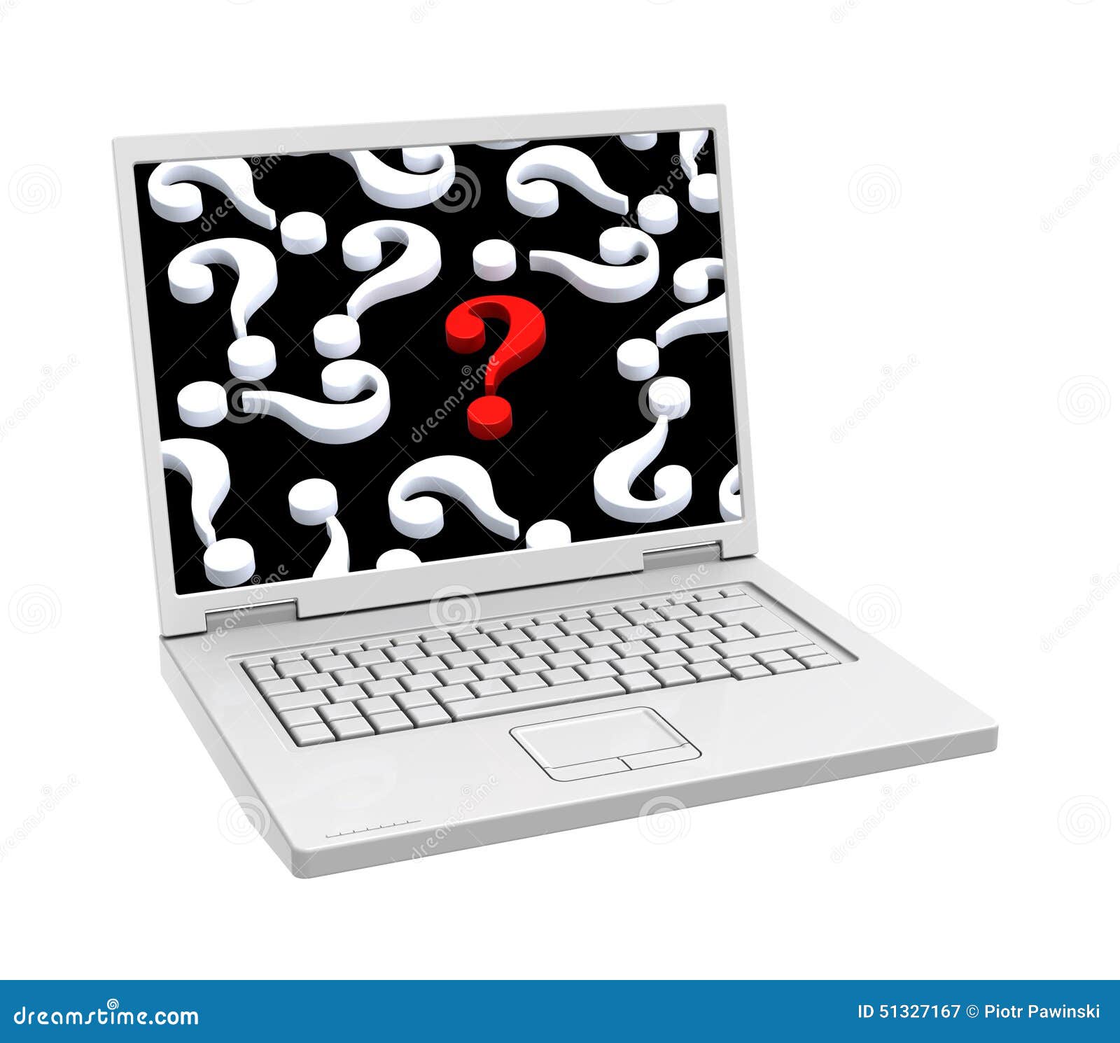 Laptop with Question Marks on the Screen Isolated Over White. Stock ...