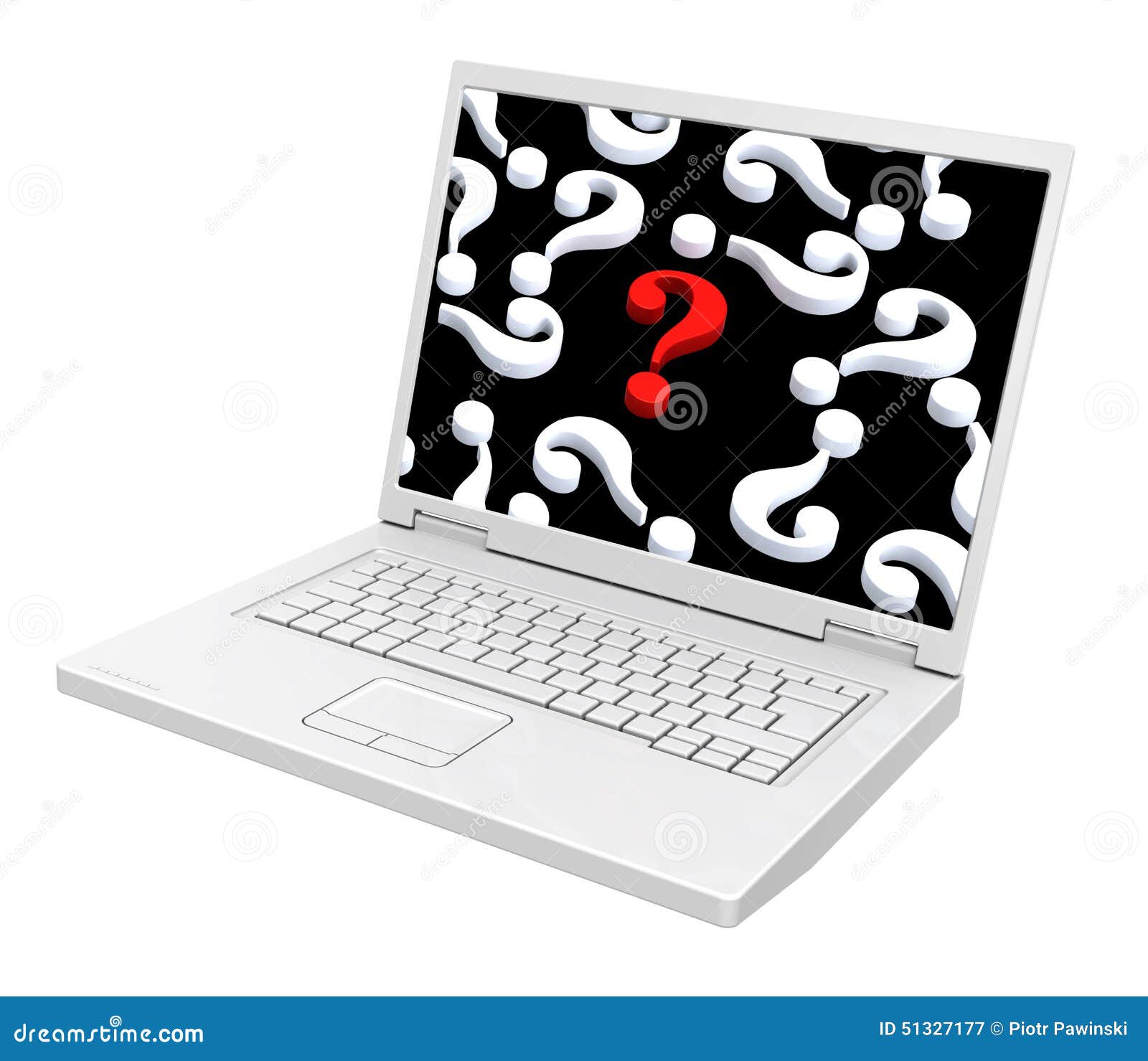 Laptop with Question Marks on the Screen Isolated Over White. Stock ...