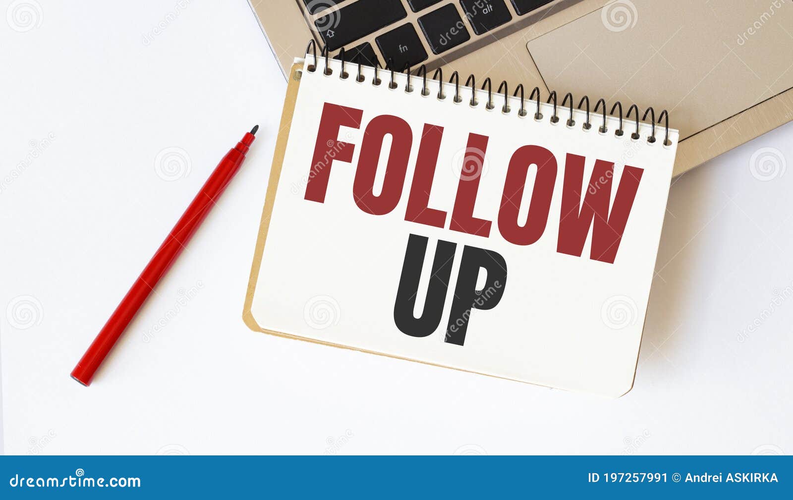 Laptop, Red Pen and Notepad with Text FOLLOW UP in the White Background ...