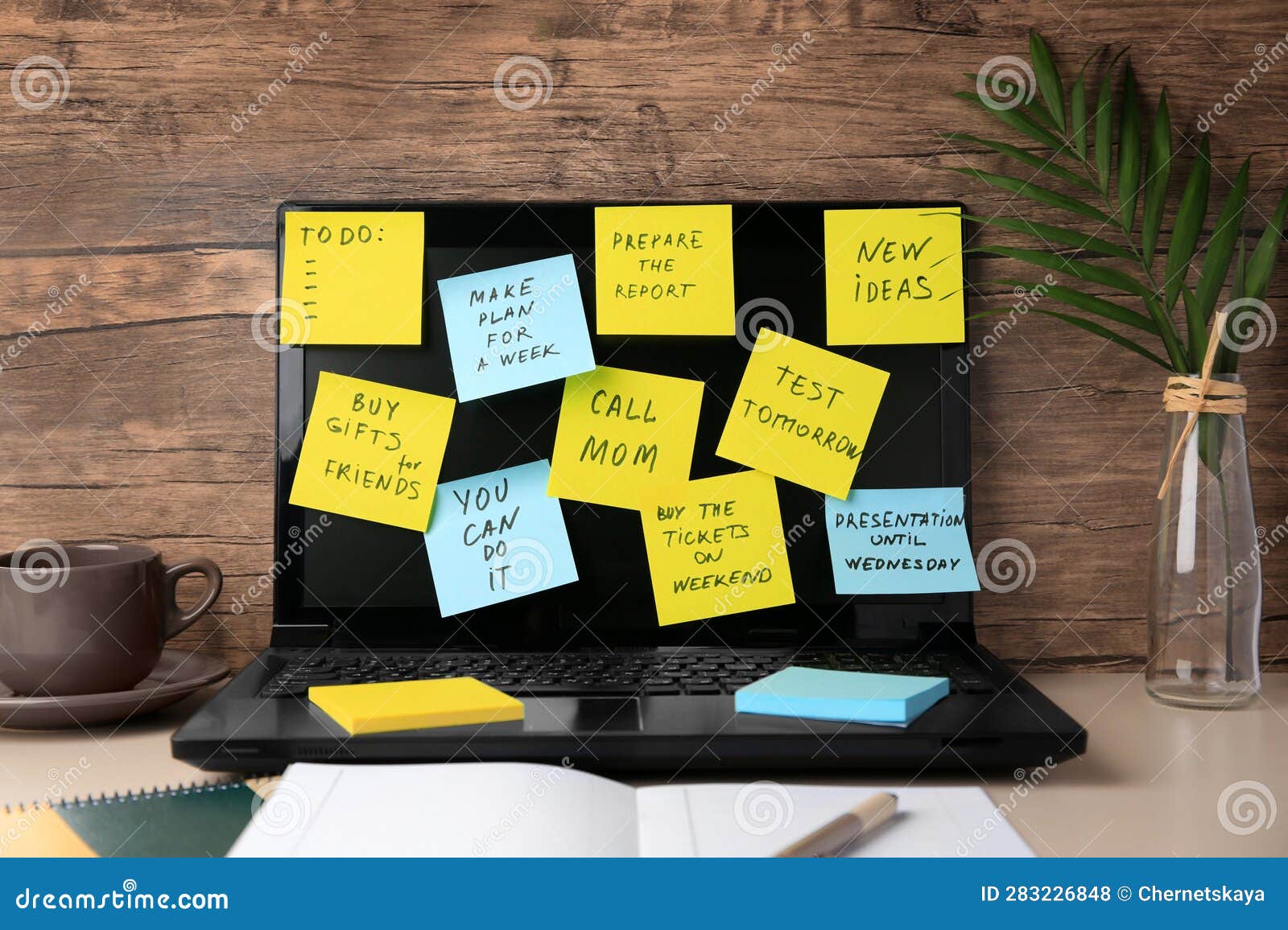 Laptop with Reminder Notes on Beige Desk Indoors Stock Photo - Image of ...