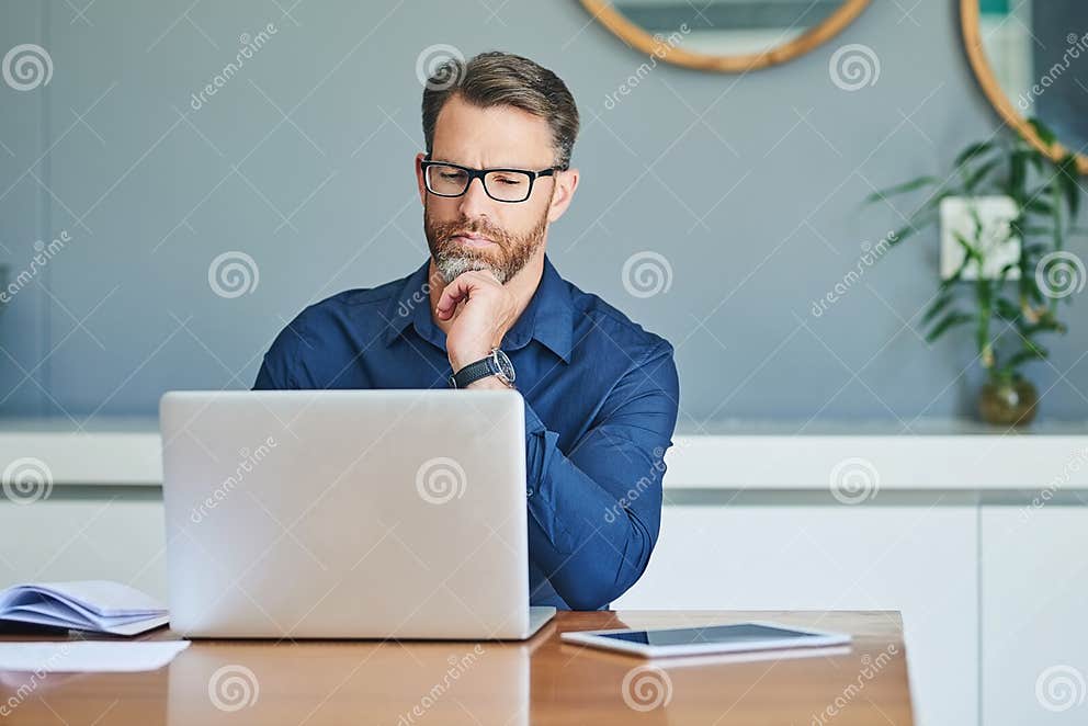 Laptop, Remote Work and Thinking with Business Man at Table in Home ...