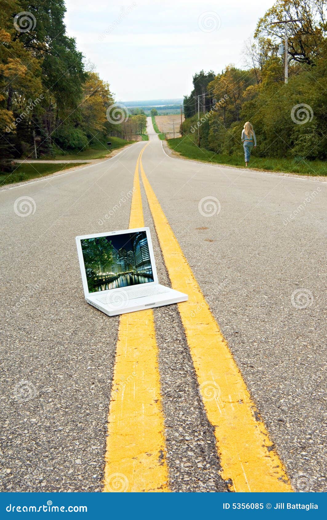 Laptop in Road with Woman Walking Away Stock Image - Image of asphalt ...