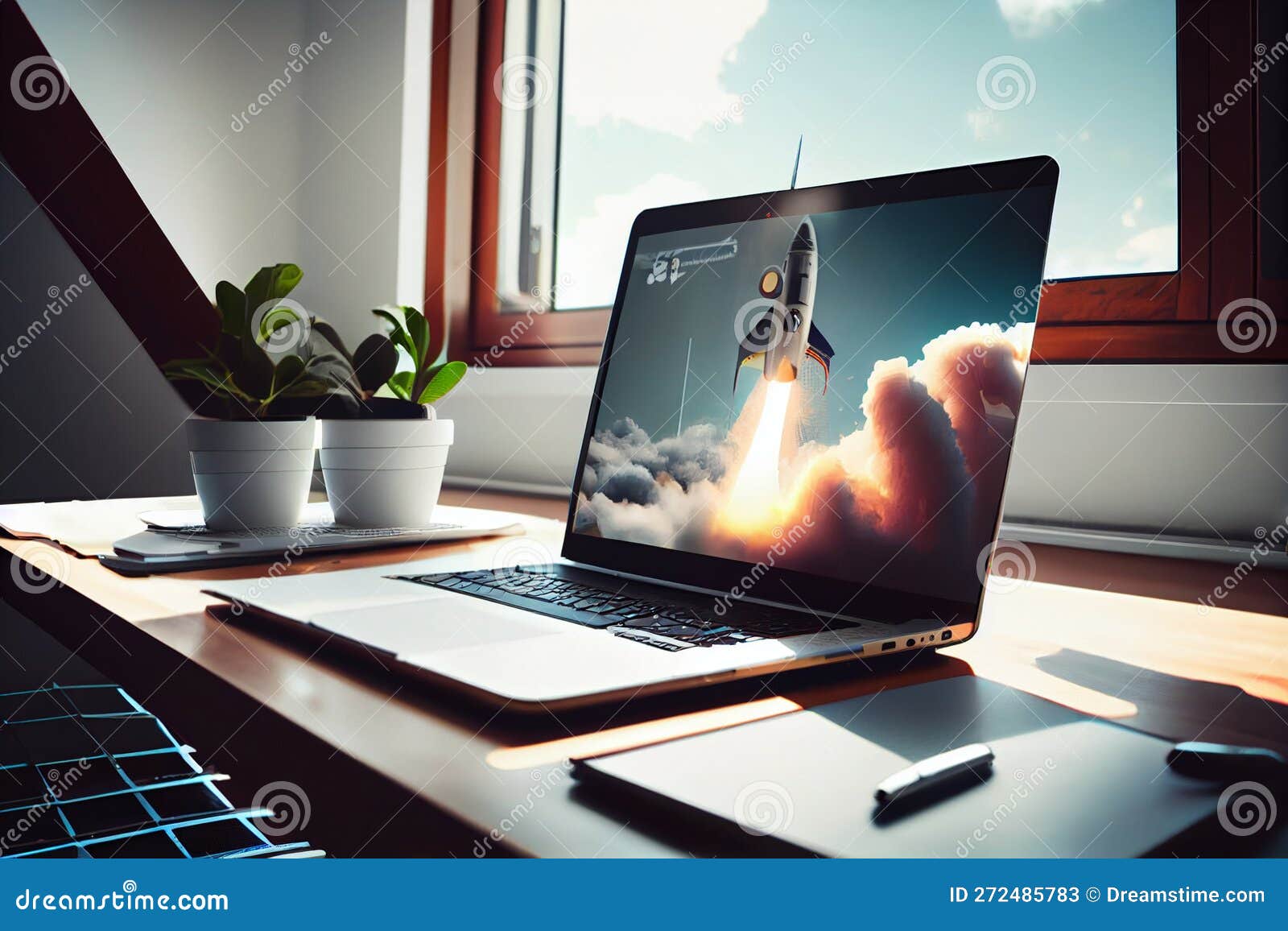 Rocket Coming Out Of Laptop Screen, Rocket Spaceship, Blue Background ...