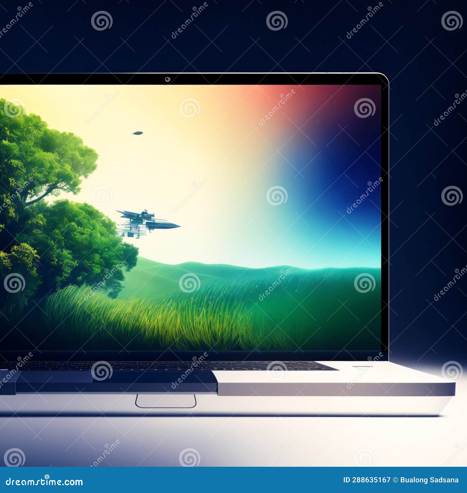 Laptop and Rocket Flying from the Screen, Blue Background with Space ...