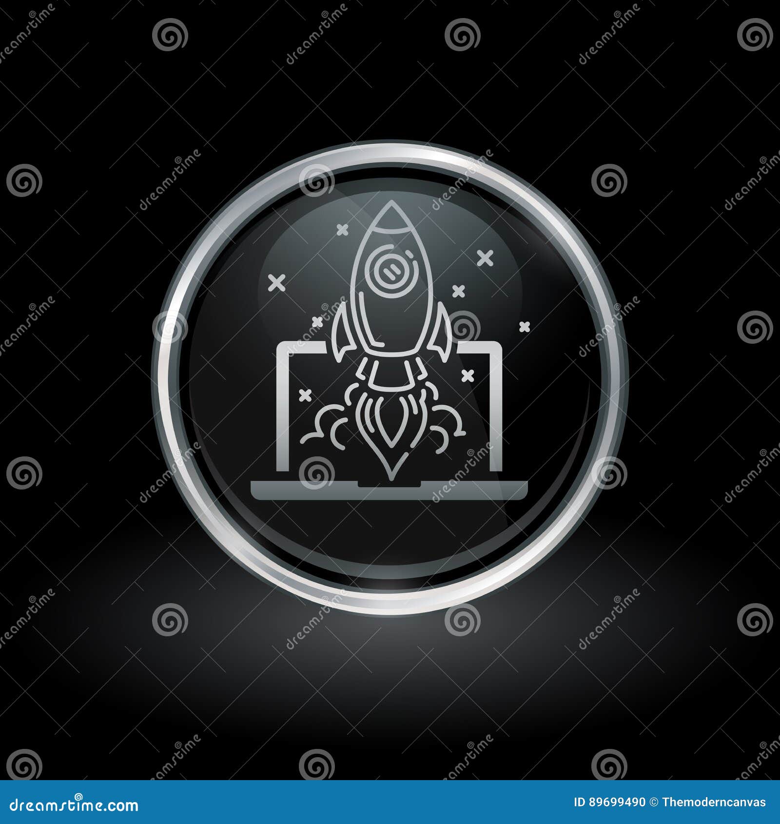 Laptop Rocket Launch Icon Inside Round Silver and Black Emblem Stock ...