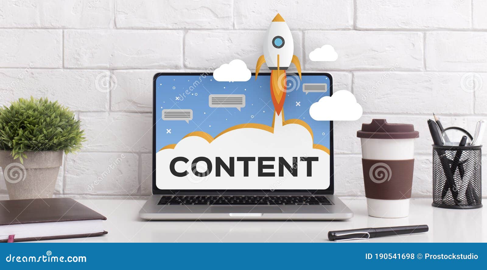 Laptop with Rocket Launch on Screen in Modern Office, Collage Stock ...