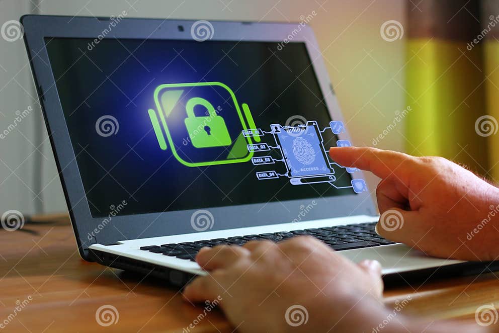 Laptop Running Program Was Locked Worker Verifying Identity Scan Finger ...