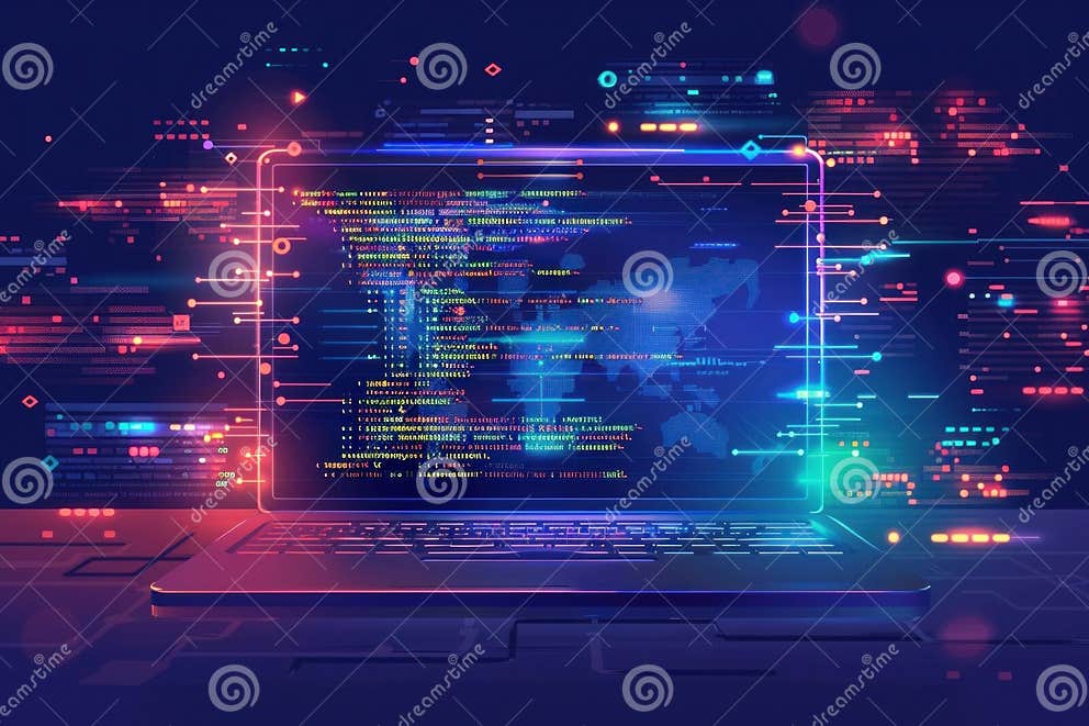 Laptop Screen With Binary Code And World Map Digital Technology Concept Stock Illustration