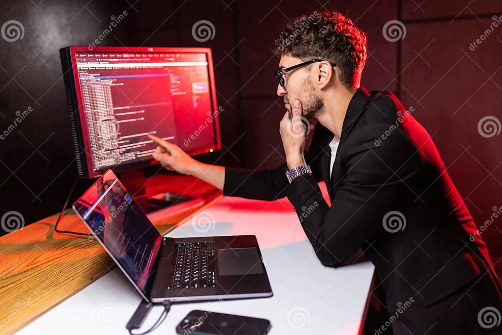 Laptop, Screen and Business Man for Coding, Software Development and Programming Script in ...