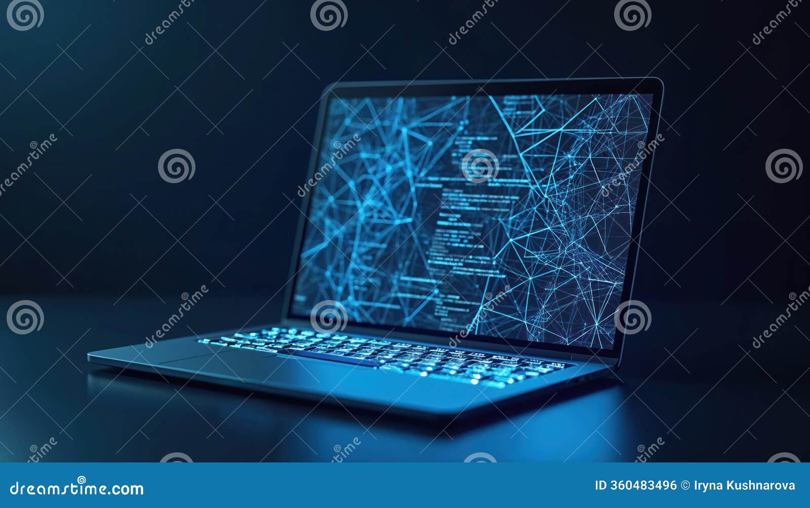 Laptop Screen Displays Futuristic Blue Geometric Design, Representing Programming Code. Software ...
