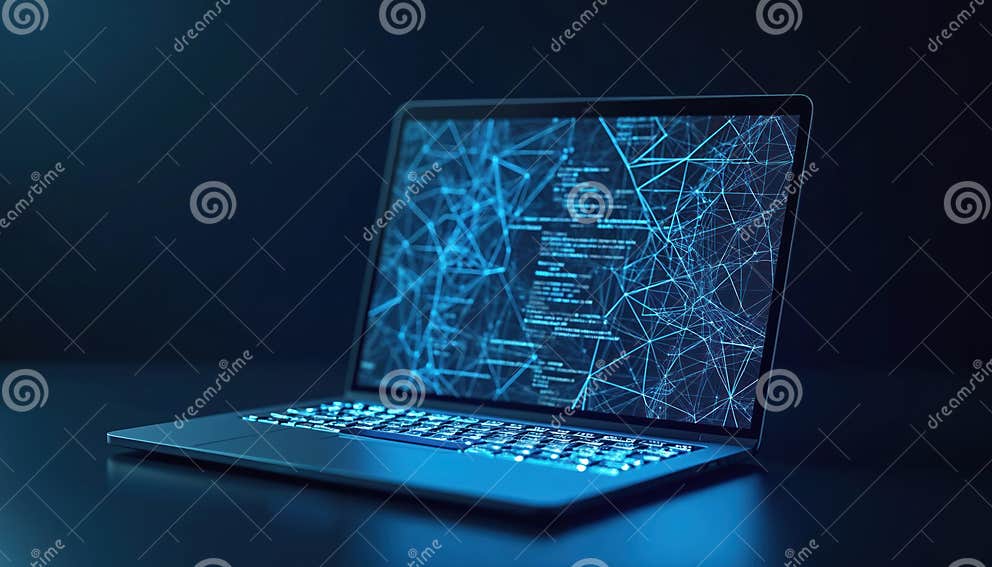 Laptop Screen Displays Futuristic Blue Geometric Design, Representing ...