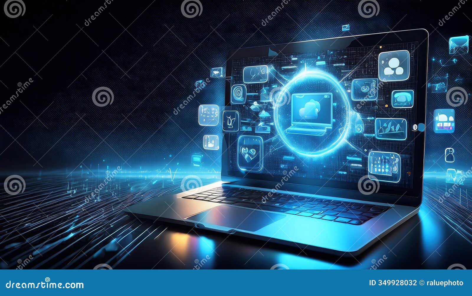 A Laptop Screen Displays a Futuristic Cloud Computing Interface, Symbolizing Digital ...