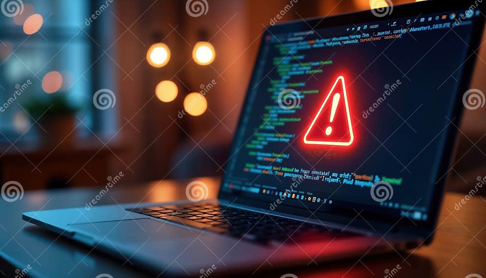 Laptop Screen Displays Security Warning. Red Alert Icon Appears on Dark ...