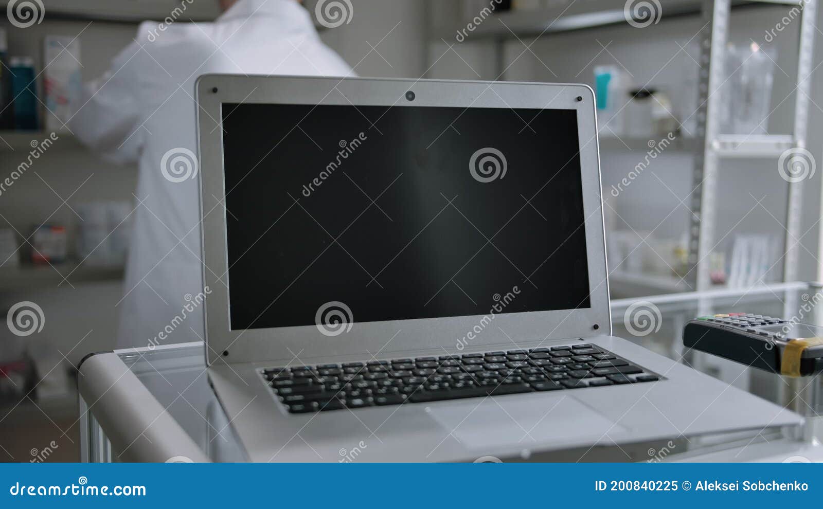 Laptop Screen in Pharmacy Ready for Tracking with Pharmacist at ...