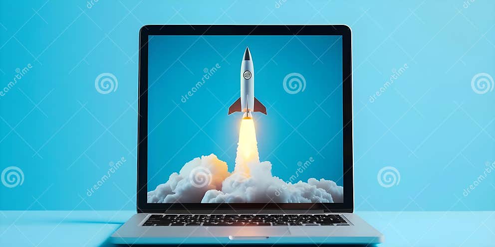 Laptop Screen Projects a Rocket Launching with a Vibrant Blue Backdrop. Concept Launching Rocket ...