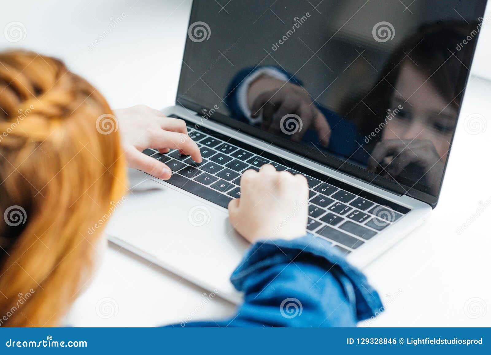 Laptop Screen with Reflection of Stock Photo - Image of child, hands ...