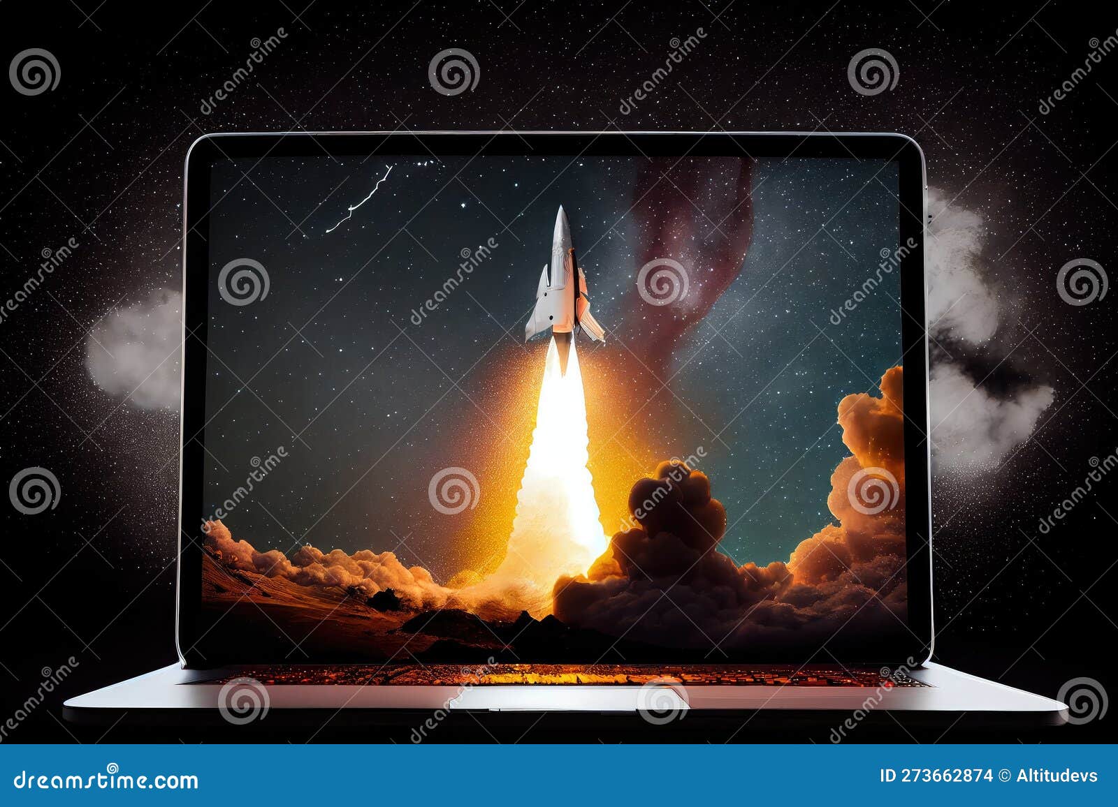 Laptop Screen with Rocket Blasting Off into the Night Sky in Peaceful ...