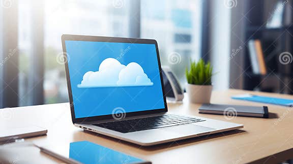 Laptop Screen Showing a Cloud Storage Interface in a Bright Office ...