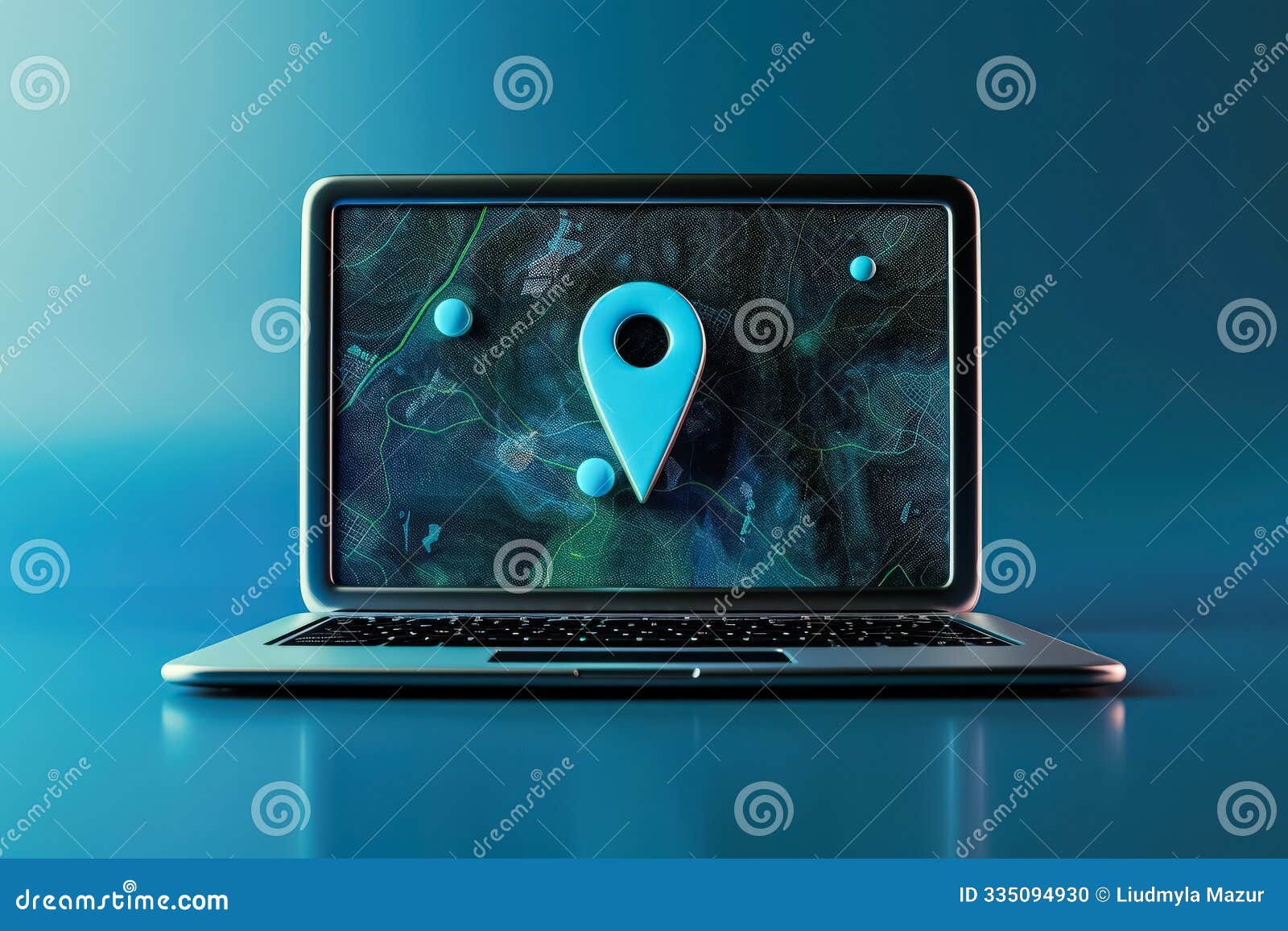 A Laptop Screen Shows a Blue Dot on a Map of the World Stock Photo ...