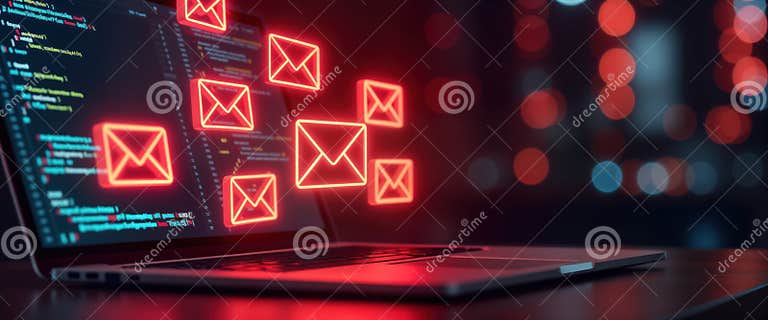 Laptop Screen Shows Coding with Red Email Icons Floating Above ...