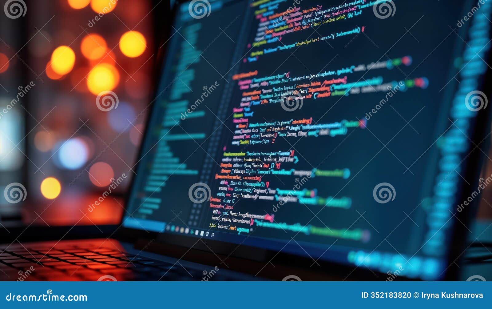 Laptop Screen Shows Complex Code Related To Cloud Services, APIs. Modern Data Center Background ...