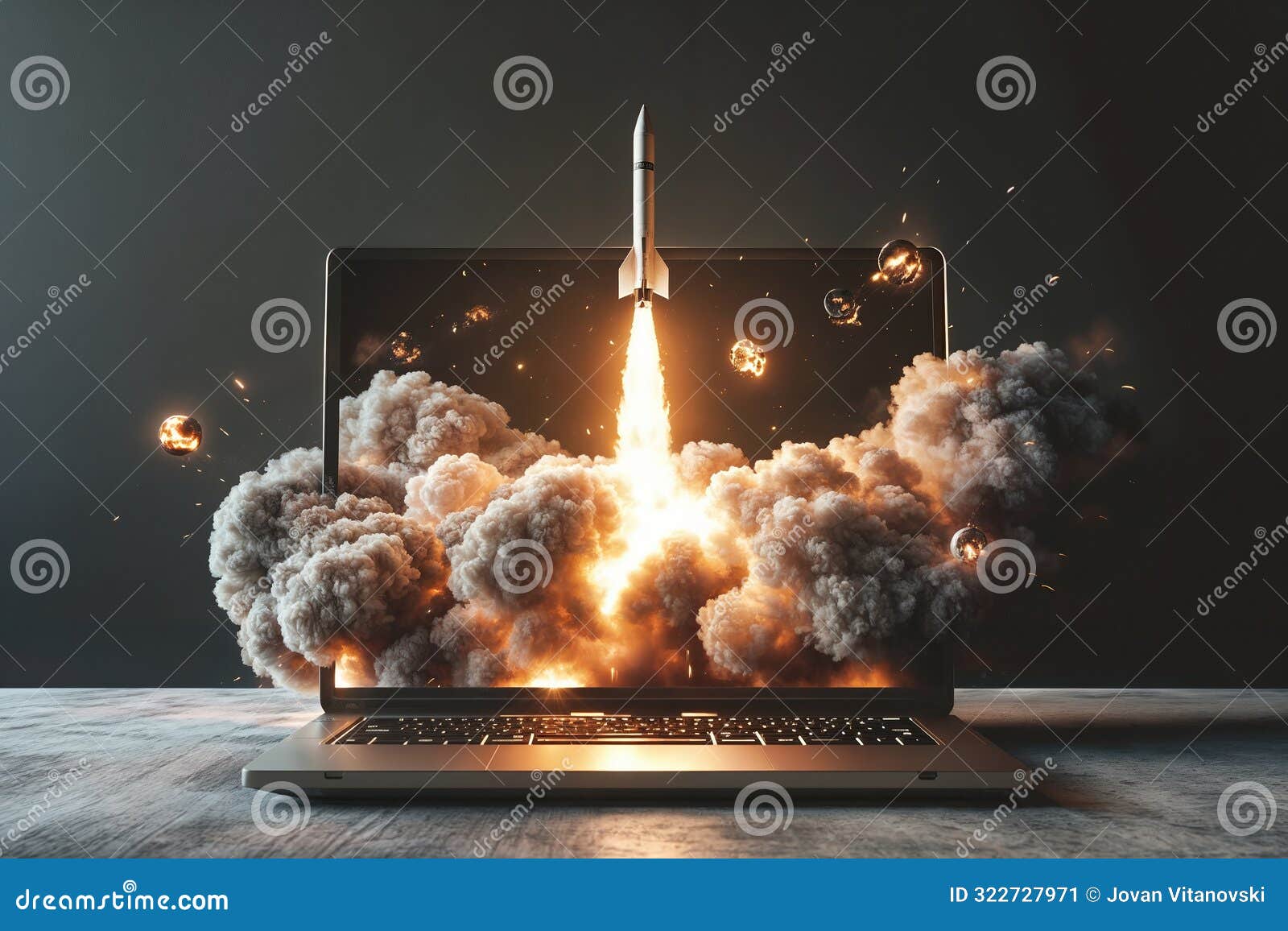 Laptop Displaying Rocket Launch with Explosion and Clouds of Smoke ...