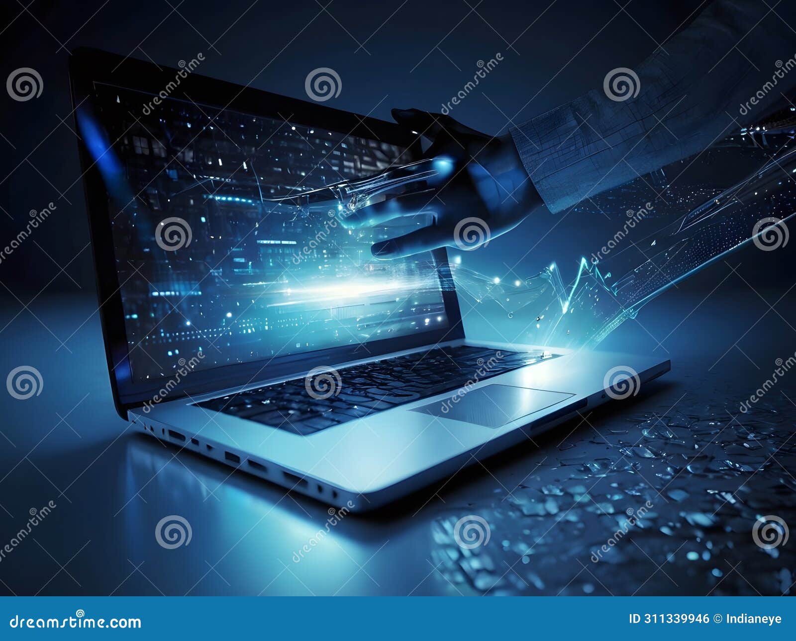 A Laptop Screen Shows a Hand Touching the Screen Stock Photo - Image of ...