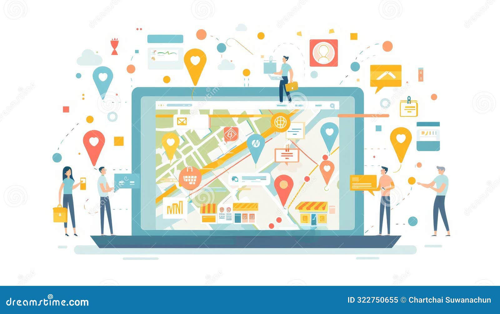 A Laptop Screen Shows a Map with Several Icons and a Group of People by ...