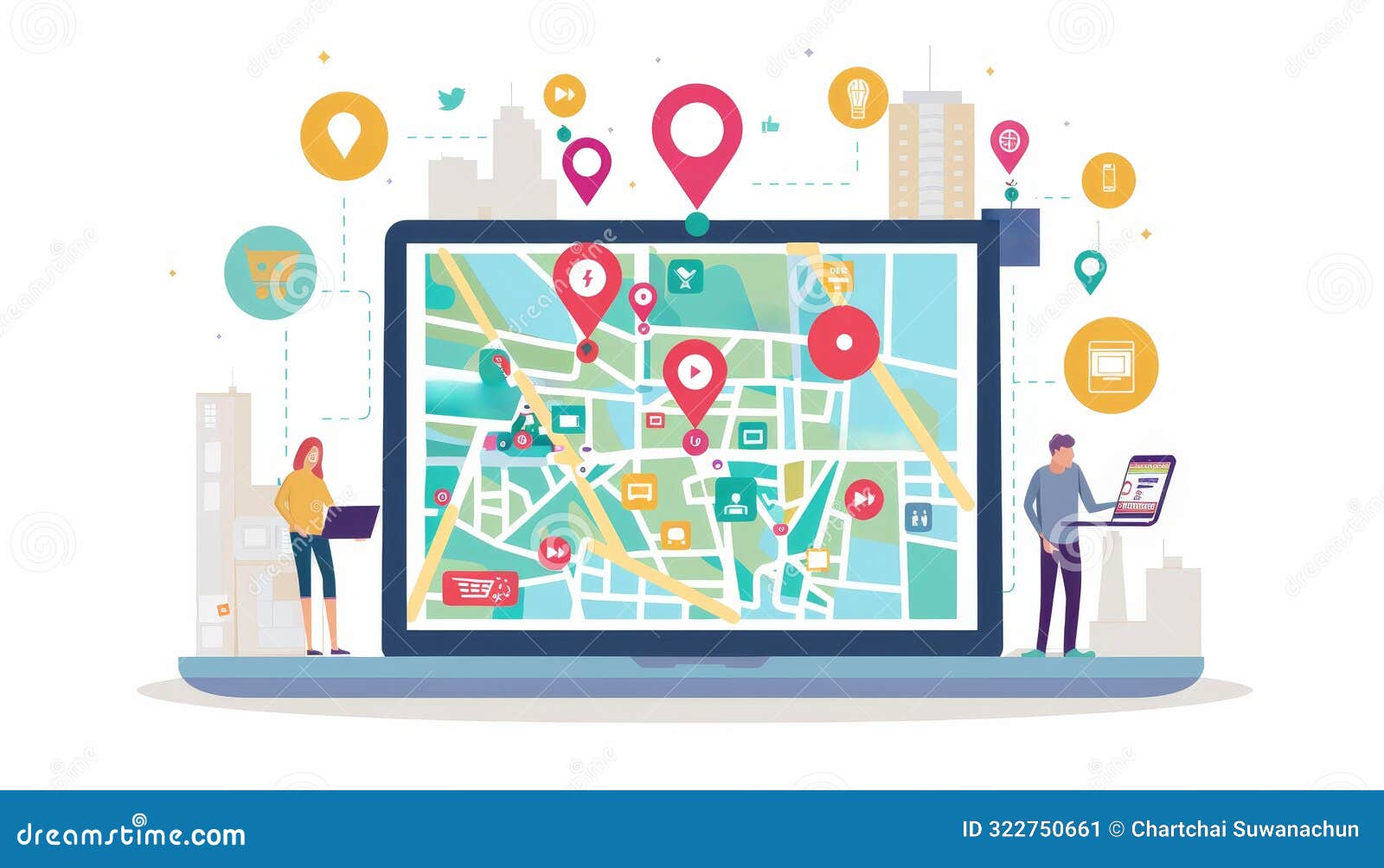 A Laptop Screen Shows a Map with Several Icons and a Group of People by ...