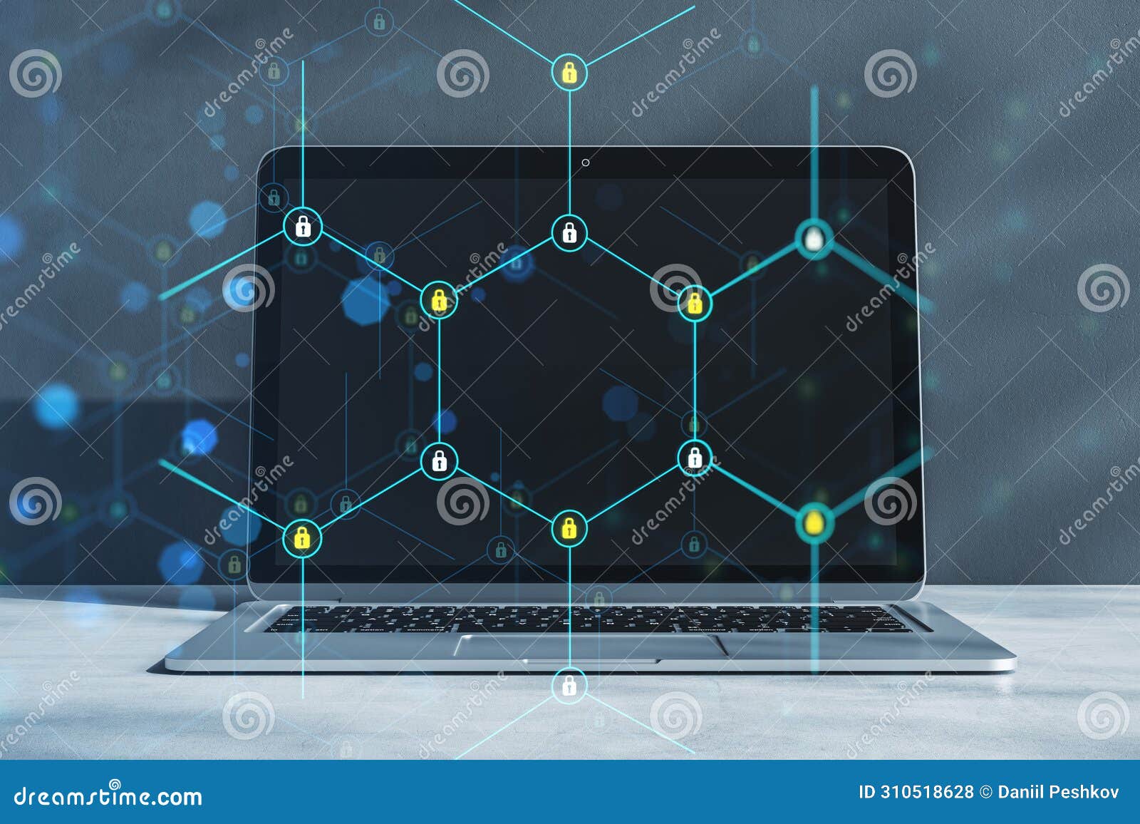 A Laptop Screen Shows a Network of Blue and Green Dots, Each ...