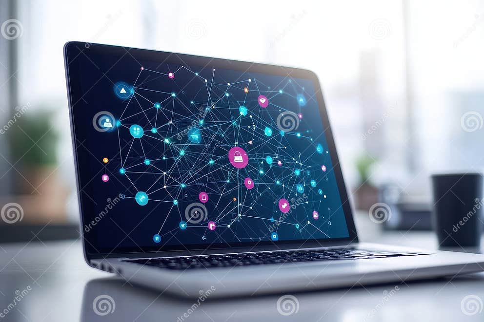 A Laptop Screen Shows a Network of Dots and Lines Stock Photo - Image ...