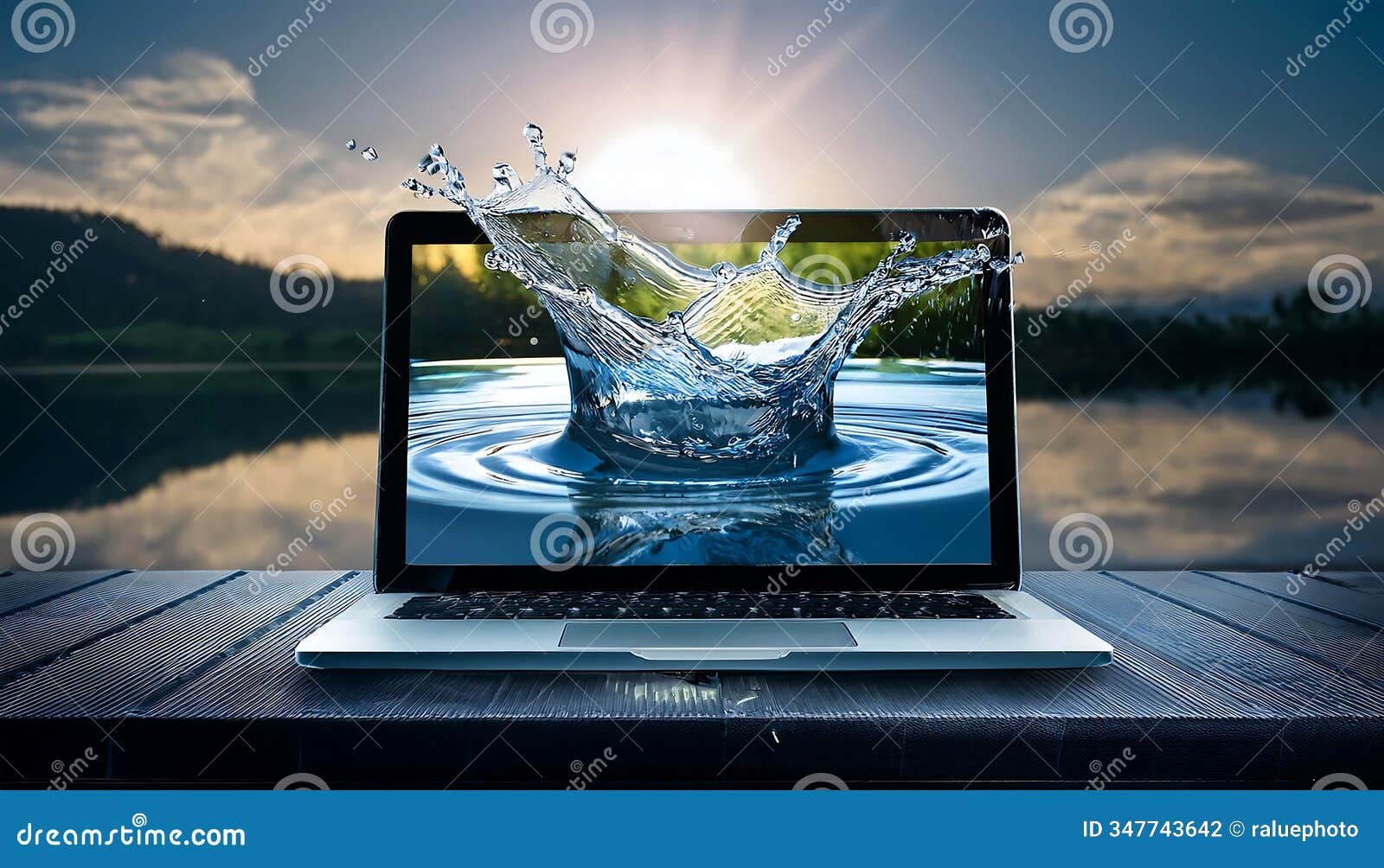 Laptop Screen with Water Splash, Global Warming Concept Stock ...