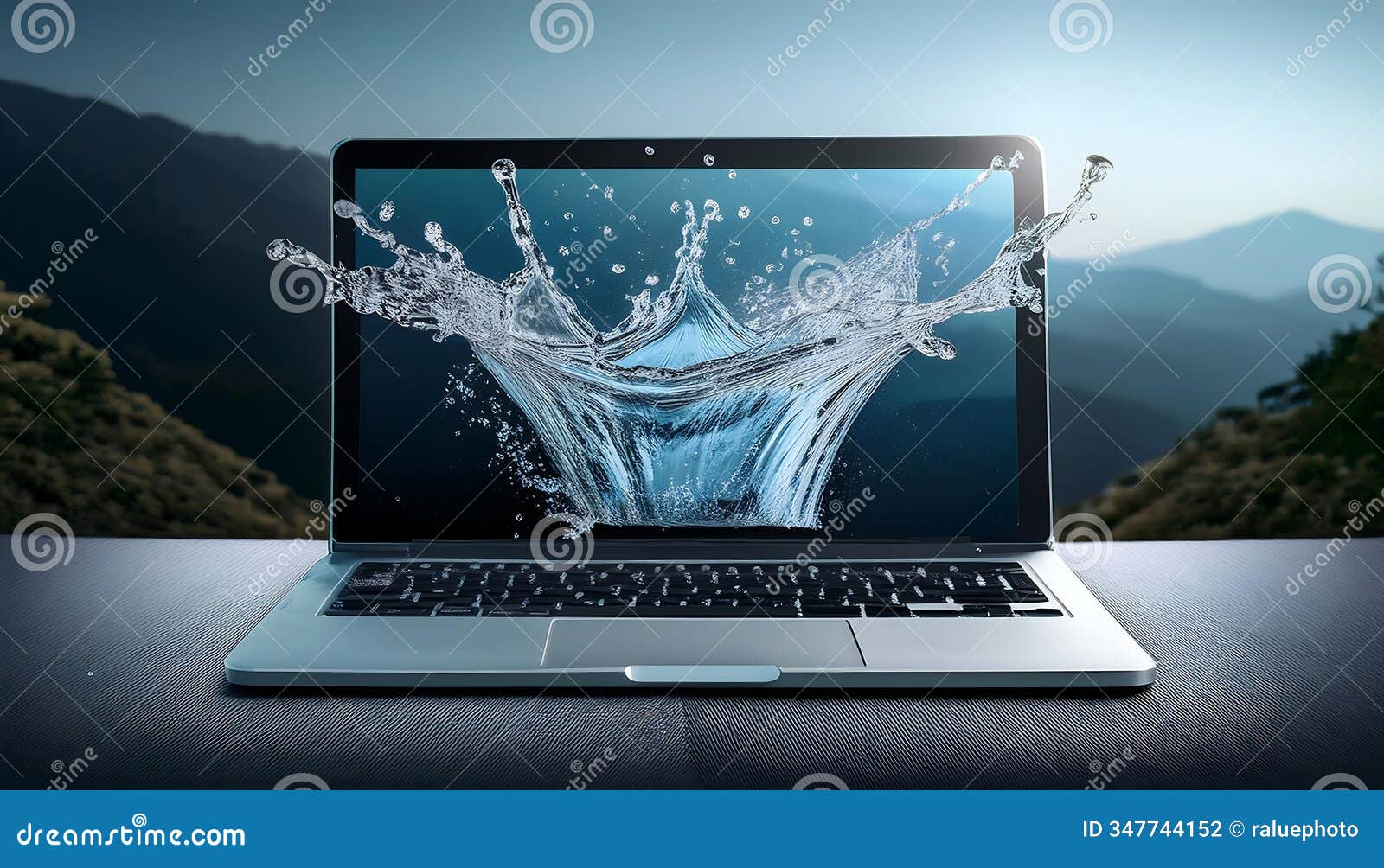 Laptop Screen with Water Splash, Global Warming Concept Stock ...