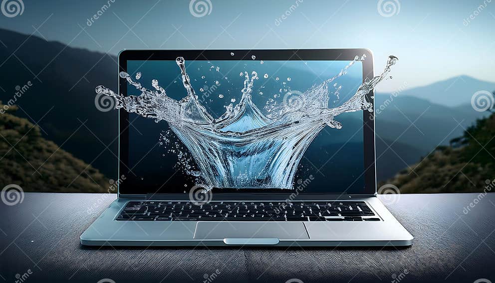 Laptop Screen with Water Splash, Global Warming Concept Stock ...