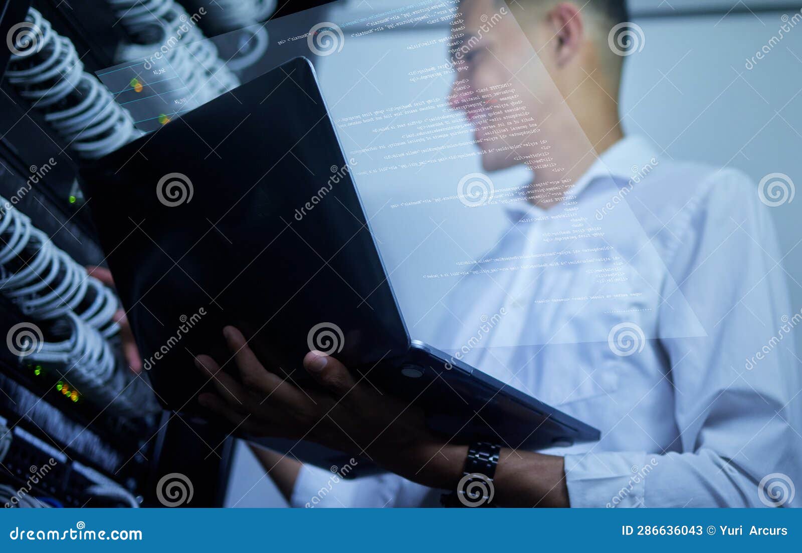 Laptop, Server Room Technician and Man Programming Cloud Computing ...