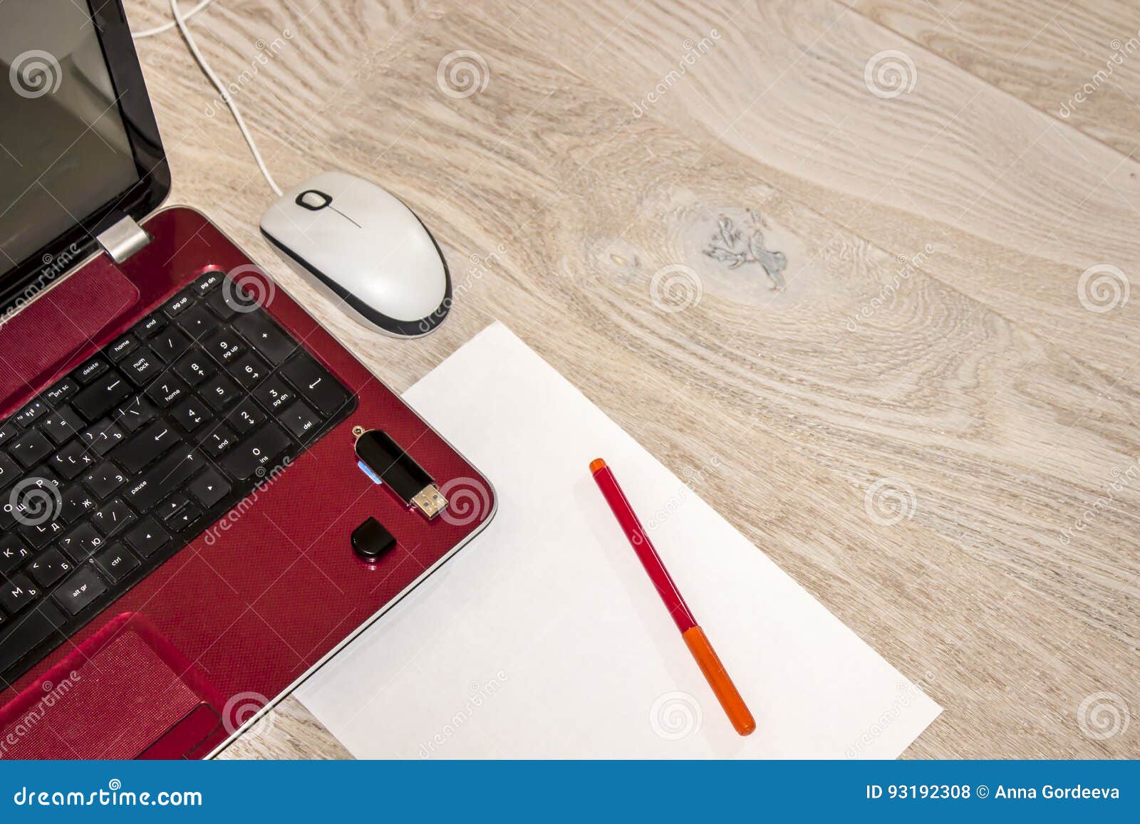 Laptop, Sheet of Paper and Marker on the Table Stock Photo - Image of ...