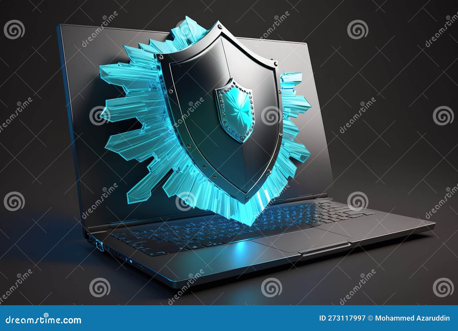 Laptop with Shield, Cyber Security Concept. 3D Laptop and Cloud Data ...