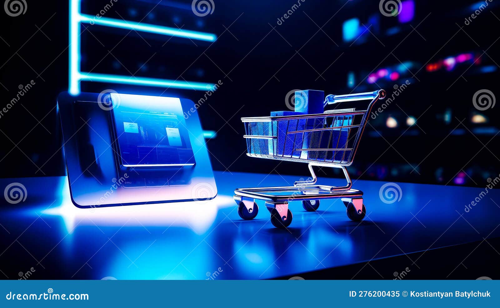 Laptop and Shopping Cart on Table in Front of Screen. Generative AI ...