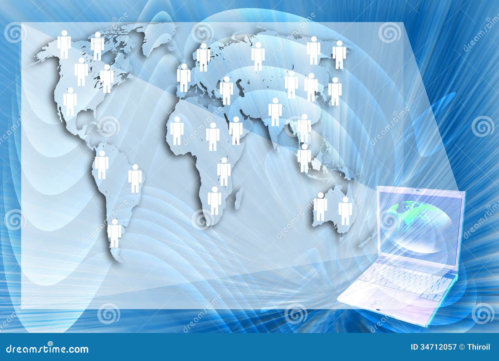 LapTop Show Human Network on Blue Background. Stock Illustration ...